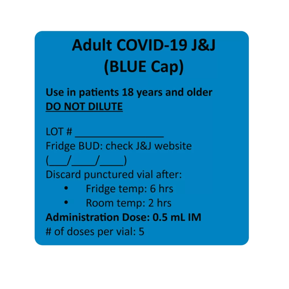 Vaccine Storage Label, Adult COVID-19 J&J (Blue Cap) – Nev's Ink, Inc.